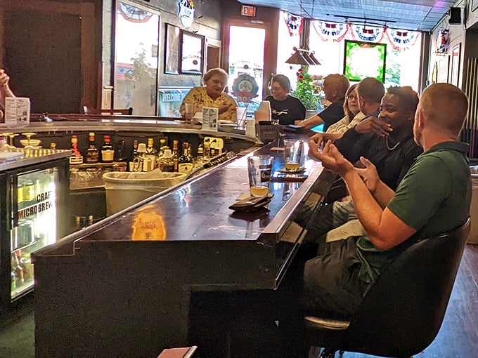 The regulars' section&mdash;where everybody knows not just your name, but your drink order, your kids' names, and that fishing story you've told seventeen times.