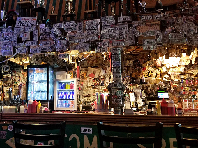 The bar counter tells stories without speaking&mdash;every dollar bill and license plate a testament to good times had and arteries challenged. 