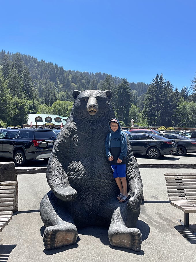 Not to be outdone by mythical creatures, this impressive bear statue reminds visitors that California's state animal deserves respect too.