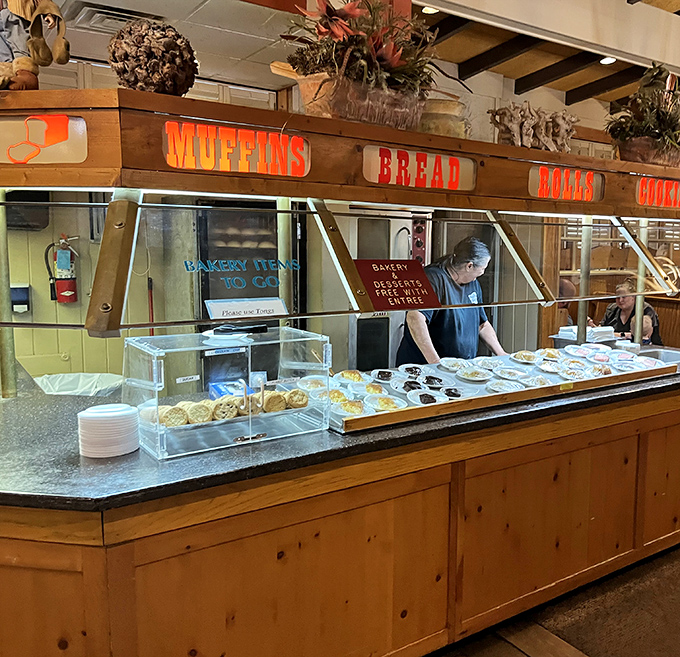 Warm bread and muffins beckon like carbohydrate sirens calling you toward delicious temptation ahead.