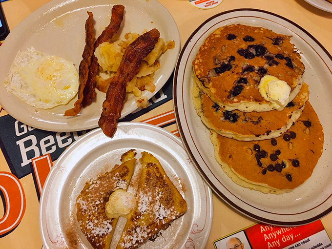 Breakfast nirvana: blueberry pancakes, French toast, and eggs with bacon. The holy trinity of "I'll start my diet tomorrow."