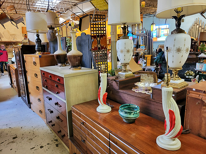 Mid-century dressers and lamps that would make Don Draper feel right at home, martini in hand, contemplating his next big ad campaign.