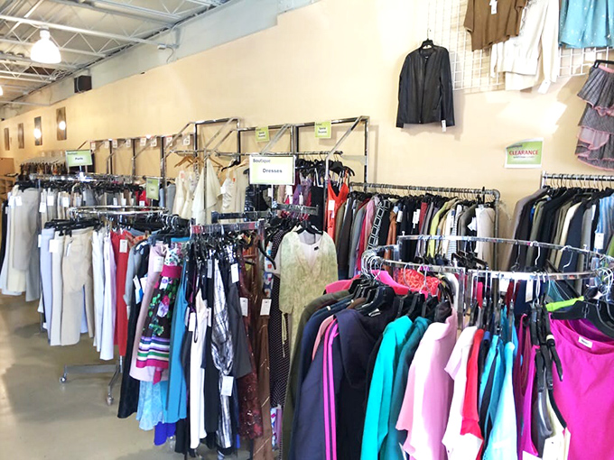 The clothing section: organized chaos where vintage band tees mingle with designer labels in a democratic fashion free-for-all.