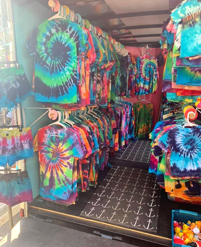 Tie-dye paradise explodes with psychedelic glory. Step inside this kaleidoscopic wonderland and emerge looking like you never missed Woodstock after all.