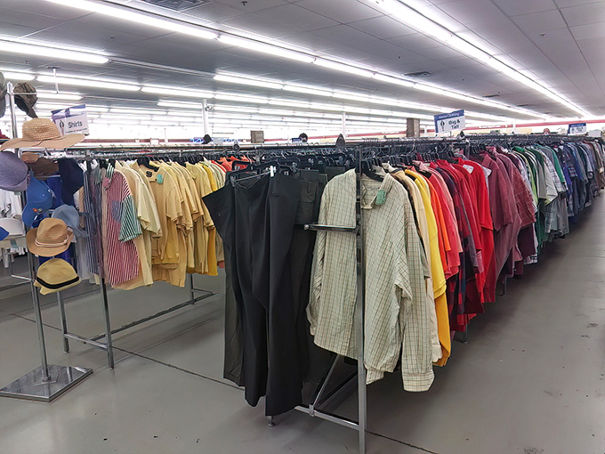 Color-coded clothing racks that make finding your next favorite shirt surprisingly efficient. That vintage Hawaiian print is calling your name. 