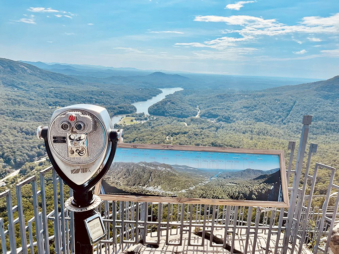 "For 25 cents, I'll make those mountains look closer!" promises this vintage viewfinder, offering zoomed perspectives of Lake Lure's shimmering waters.