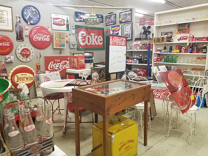 Coca-Cola corner: where America's favorite soda gets the shrine treatment. That vintage ice cream parlor set completes the nostalgic soda fountain fantasy. 