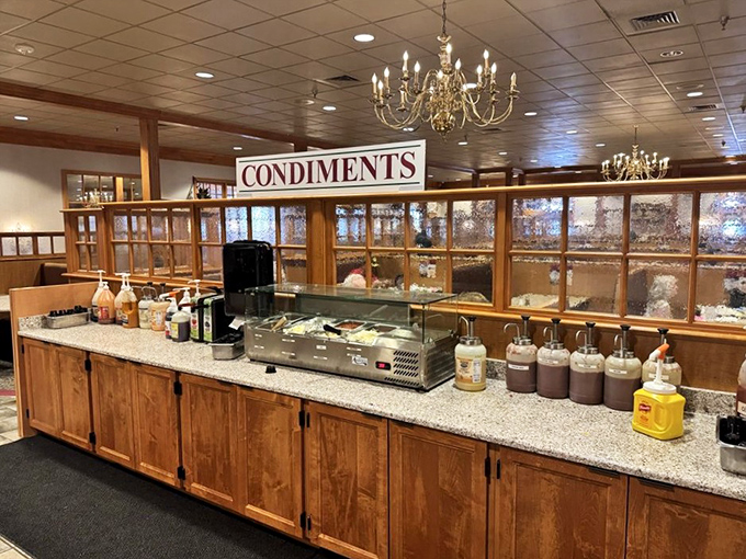 A condiment station so well-stocked it could probably supply a small restaurant for an entire busy weekend.