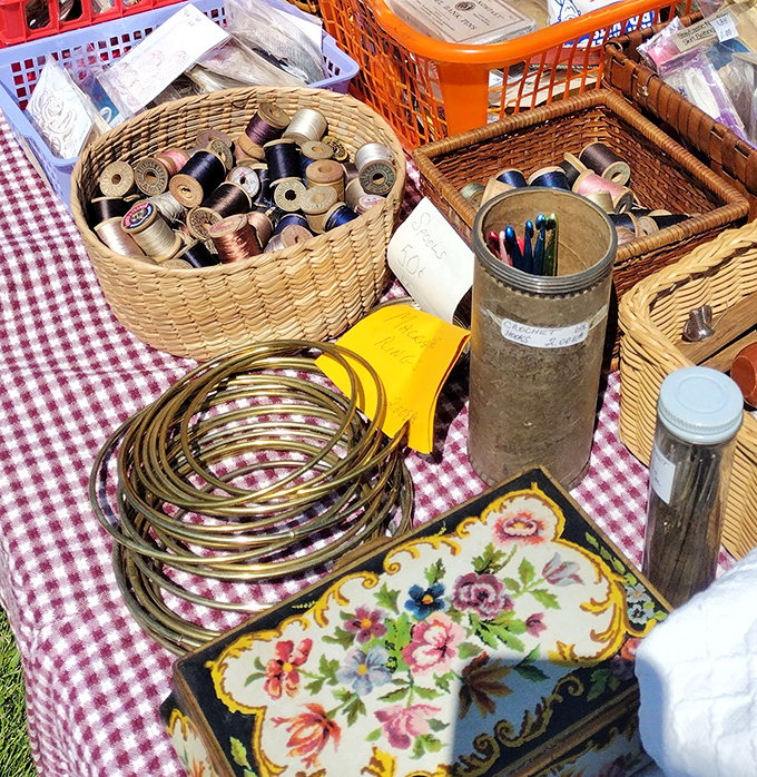 Sewing notions, thread spools, and crafting treasures &ndash; the building blocks of "homemade" from when DIY wasn't a trend but a necessity.