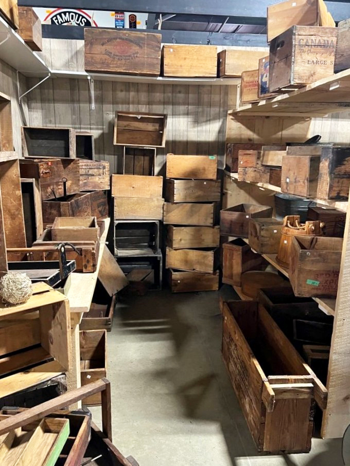 Wooden crate wonderland! Each weathered box once carried produce, supplies, or treasures across America's heartland.