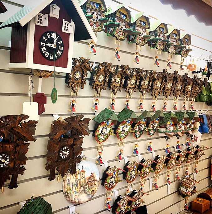 Cuckoo clocks line the wall like a timekeeper's fantasy. Each one a ticking reminder that it's always cheese o'clock somewhere.