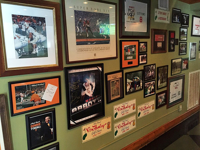 Walls decorated with local memorabilia tell stories of community connections spanning generations of satisfied customers and neighbors.
