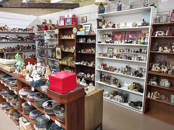 Figurines and collectibles stand in formation, a miniature army of memories where every shelf tells a different story of American home life.