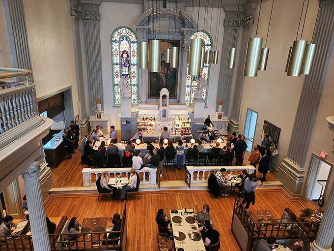The dining room buzzes with the energy of a place where memories are being made alongside exceptional meals, all within stunning historic architecture.