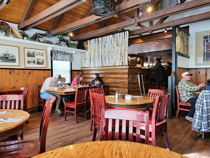 Rustic charm meets breakfast perfection in a dining room where every table feels like the best seat in the house.