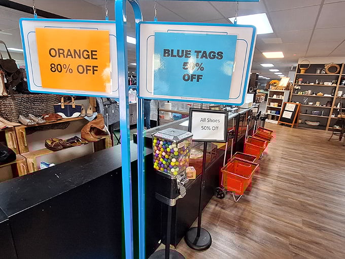 The color-coded discount system: a treasure map for the savvy shopper. Orange tags are the equivalent of finding an extra dessert in your takeout bag.