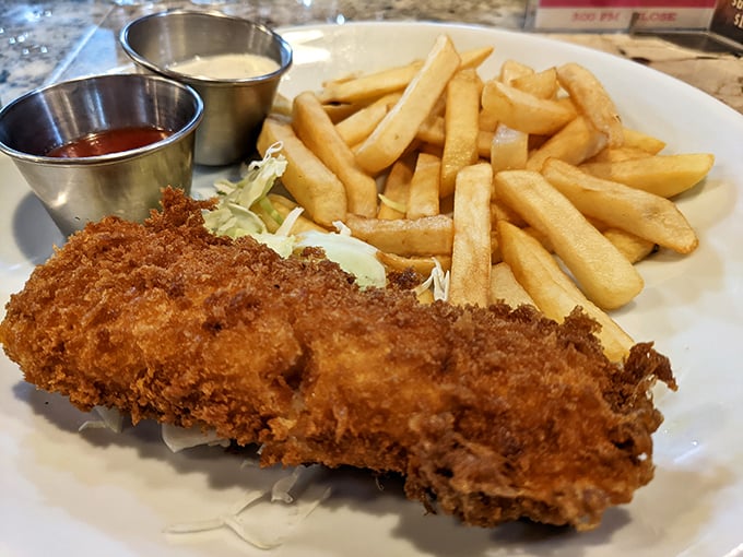 Fish and chips that would make a British pub-goer homesick. Crispy exterior giving way to flaky white fish&mdash;a textural masterpiece worth every calorie.