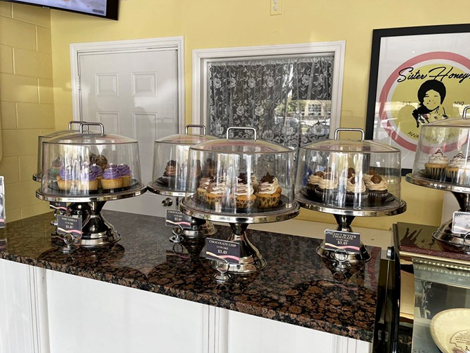 Cupcakes under glass, like museum pieces you're actually encouraged to touch, taste, and thoroughly enjoy without security intervening.