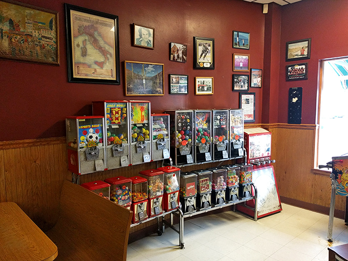 The candy and toy dispensers stand like colorful sentries, reminding us that dessert is just a quarter turn away.
