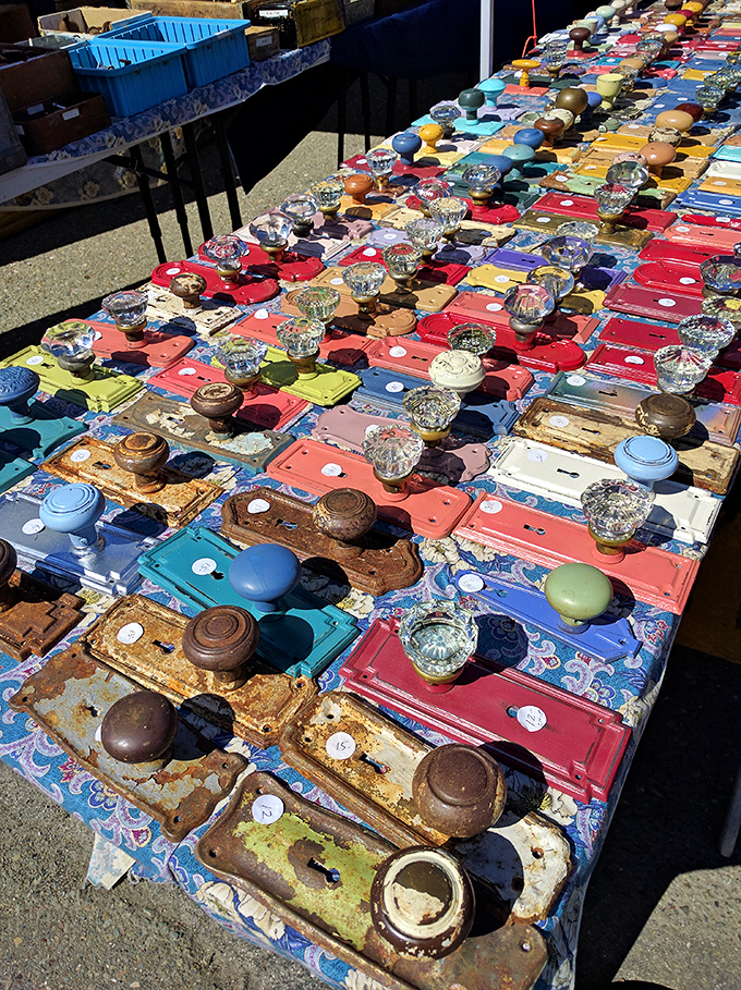 A kaleidoscope of vintage doorknobs and hardware transforms functional objects into an artist's palette. Each patina tells a story of hands that turned them.