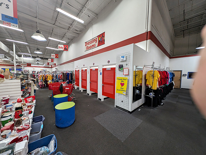 Bright red dressing room doors add a touch of theatrical flair. What goes in as "maybe" often emerges as "definitely" when the price is right.