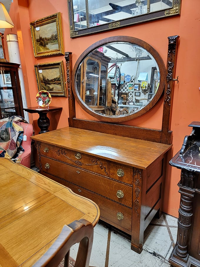 This oak dresser with circular mirror doesn't just reflect your face&mdash;it reflects an era when furniture was built to outlast its owners.