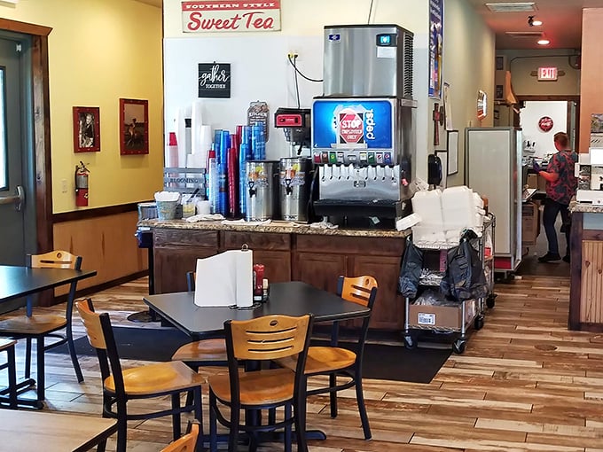 Sweet tea station standing ready&mdash;because proper barbecue demands proper hydration. In the South, this is practically a constitutional right.