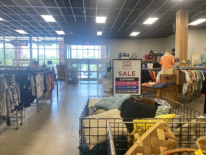 Sale signs beckon shoppers toward the entrance, where color-coded tag discounts add another layer to the thrill of the hunt.