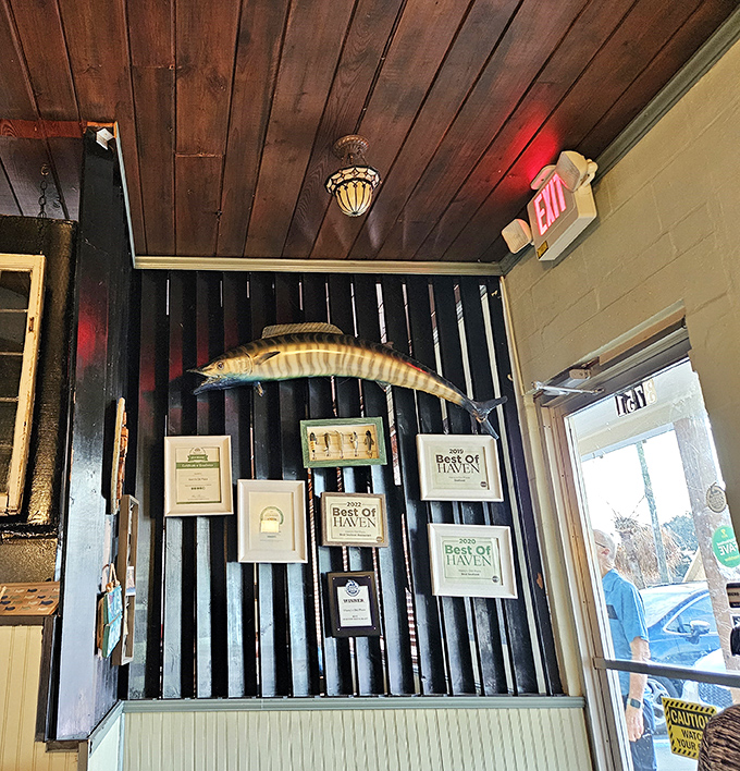 The wall of accolades and that mounted fish silently confirm what your taste buds already know—you've found seafood paradise.