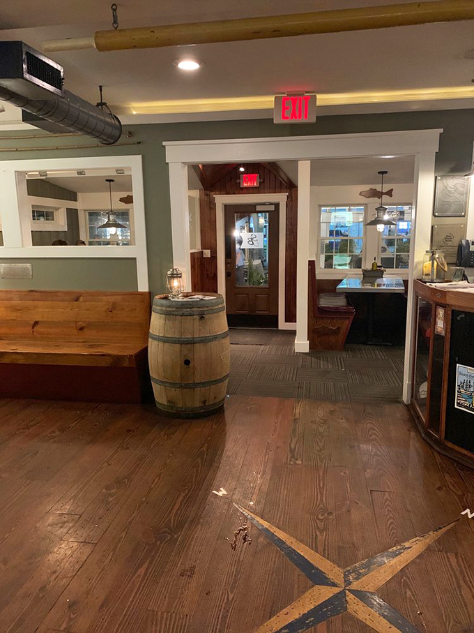 The compass rose inlaid in wooden flooring points you toward good decisions, like ordering another round of those fish tacos.