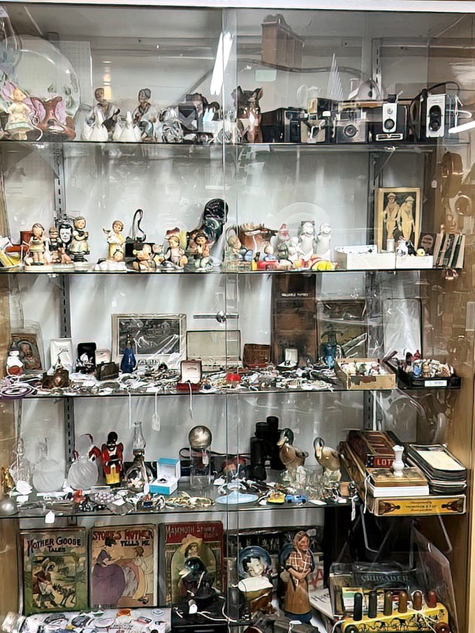 Childhood nostalgia trapped behind glass. These figurines and vintage toys hold court like museum pieces, preserving memories of playtimes long past.