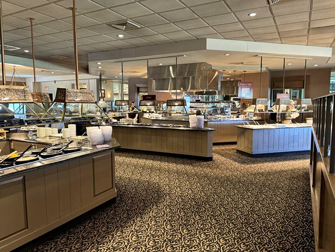 The buffet stations stretch like a promised land of comfort food, each section more tempting.