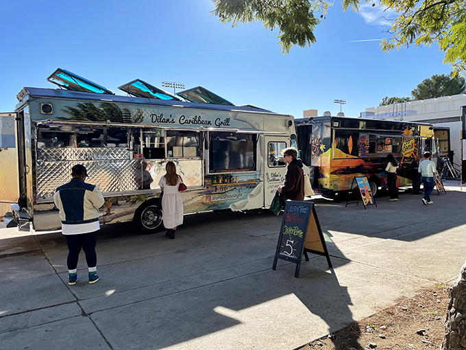 Food truck alley &ndash; where Caribbean spices meet LA appetites. The perfect refueling station between vintage vinyl hunting and furniture haggling.