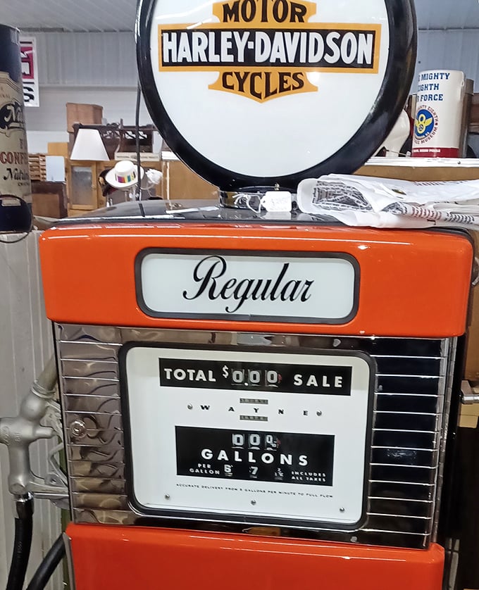 This vintage gas pump recalls an era when service station attendants checked your oil and cleaned your windshield without being asked.