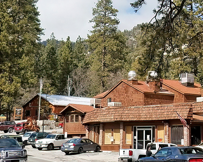 Cedar-shingled buildings huddle together in downtown Idyllwild, their rustic charm a perfect complement to the mountain backdrop.