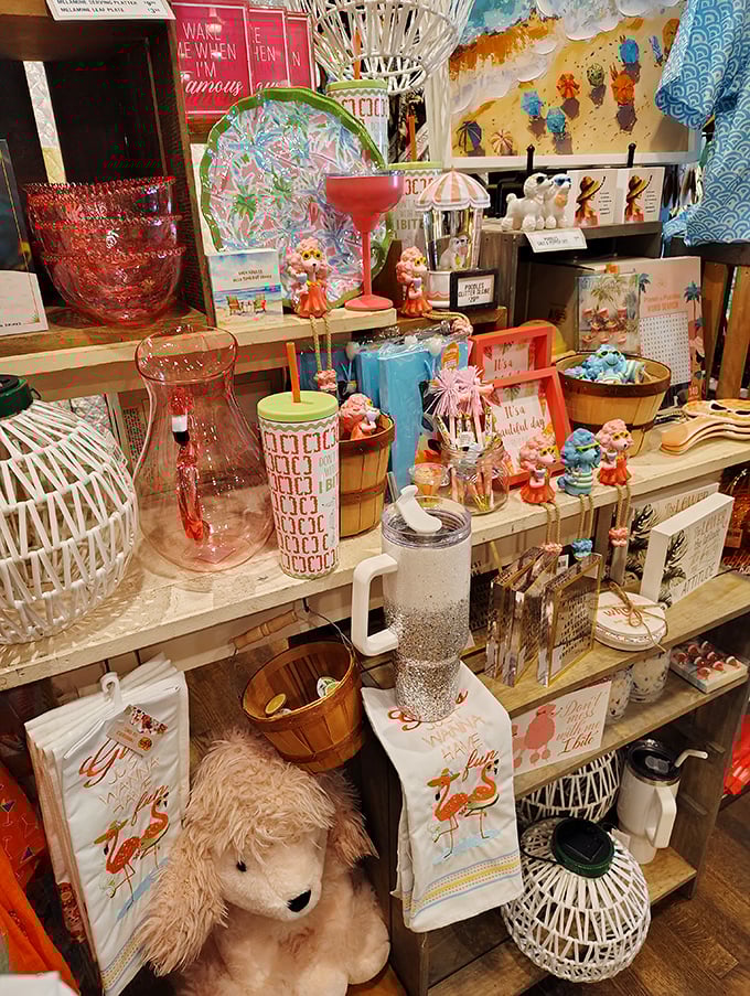 The gift shop: where you come for maple syrup but leave with flamingo tea towels and a decorative rooster you didn't know you needed.