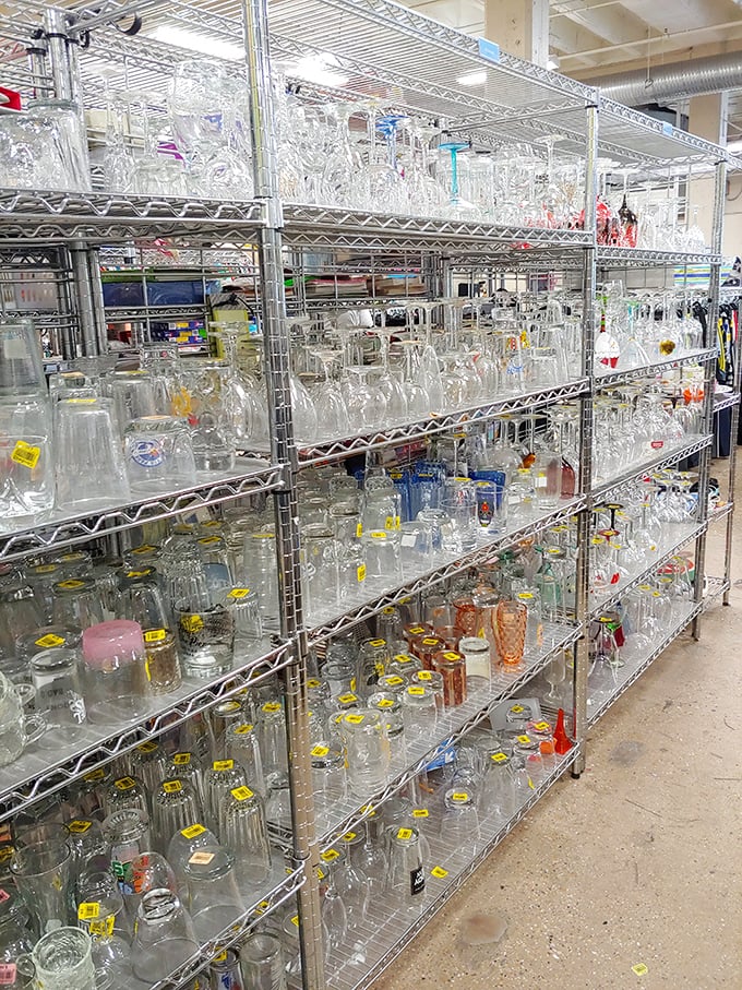 Glassware galore! From Depression glass to '70s tumblers, these shelves hold more potential dinner party conversation starters than a book of icebreakers.