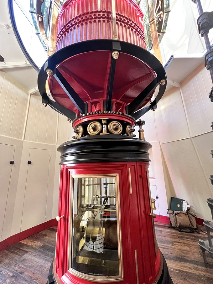 Engineering marvel meets art &ndash; the ruby-red Fresnel lens with its intricate prisms once projected light 24 miles out to sea.