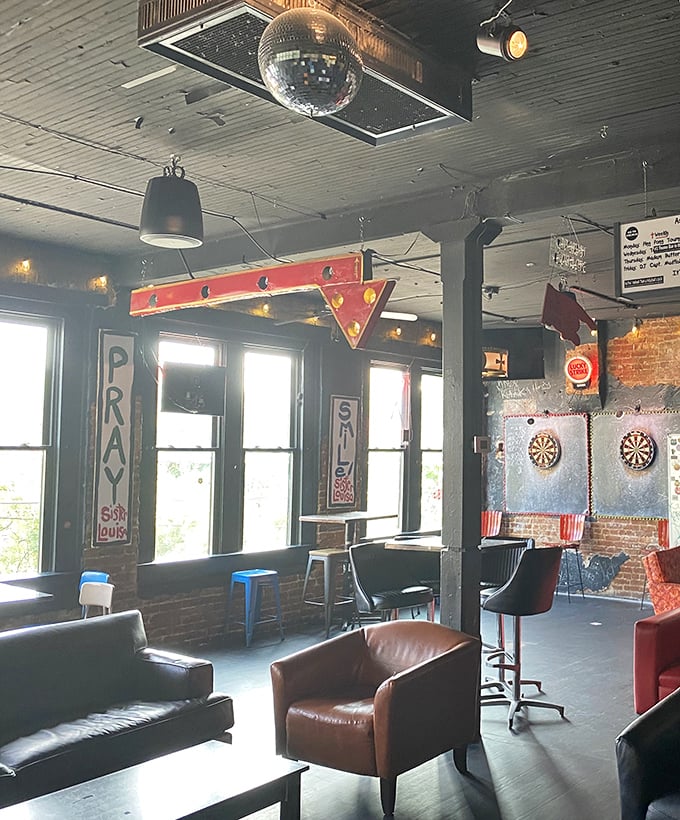 Exposed brick and quirky decor create an atmosphere that's part dive bar, part art.