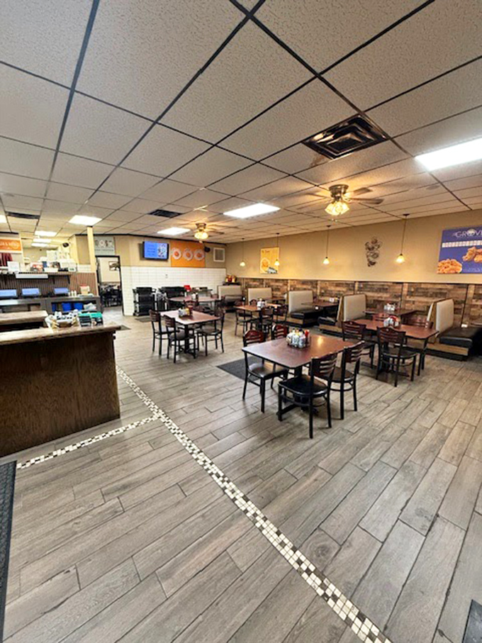 Modern touches meet classic diner aesthetics in this recently updated dining area. Those wood-paneled walls have heard more local gossip than the town barber.