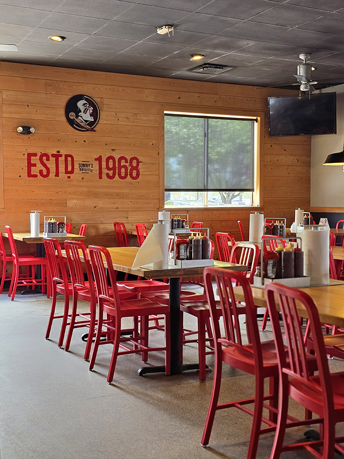 Red chairs pop against wooden walls in this dining room where countless "mmms" and "oh my goodness" exclamations have echoed since 1968.