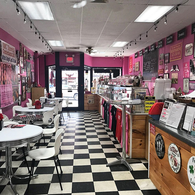 The diner-style seating invites you to linger, because pie this good deserves to be savored rather than rushed. Note the pristine checkered floor.