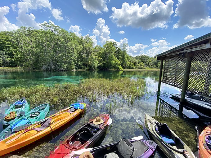 Colorful kayaks wait patiently like faithful steeds, ready to carry adventurers into aquatic bliss.