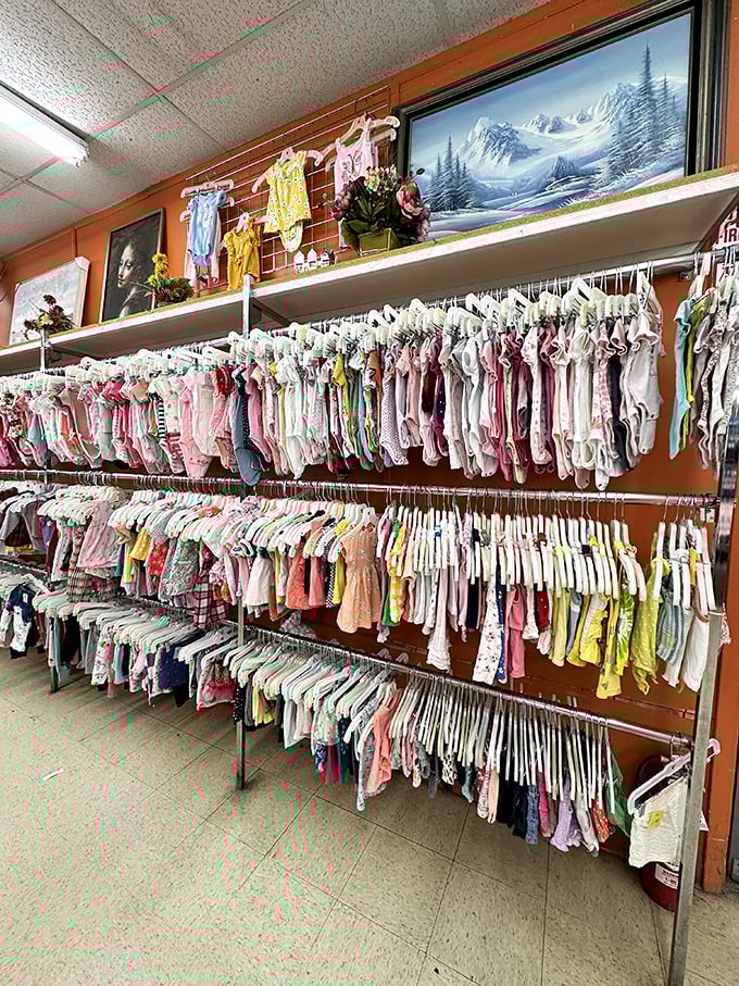 Baby clothes galore! Because kids outgrow everything faster than you can say "I just bought that last week" at prices that won't make you weep.