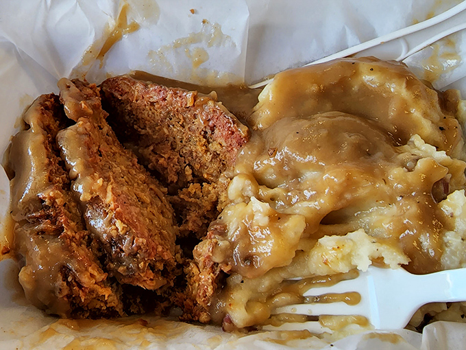 Meatloaf and mashed potatoes swimming in gravy&mdash;comfort food that hugs you from the inside out.