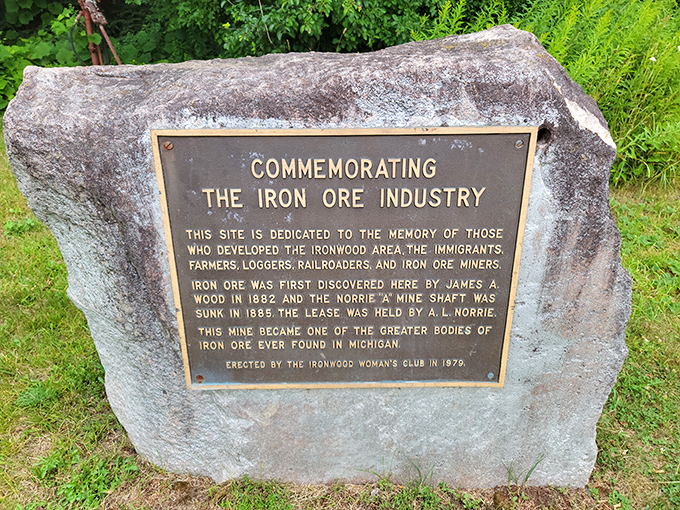 Beyond the giant: This memorial stone honors Ironwood's mining heritage, reminding visitors there's more to this town than just a colossal statue.