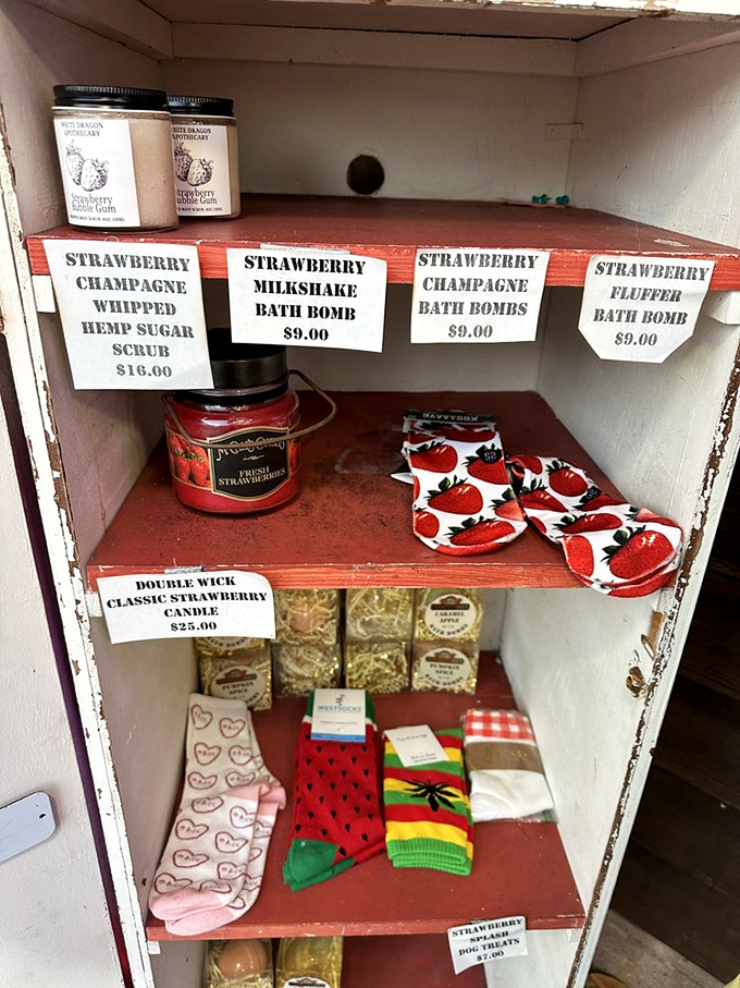 Strawberry-themed merchandise for when you need to take the obsession home – socks, candles, and bath bombs, oh my!