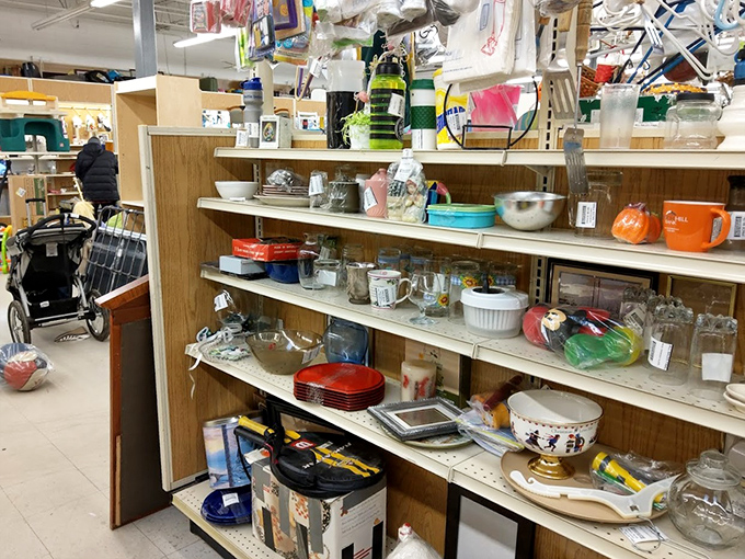 The kitchenware section: where vintage Pyrex bowls and barely-used gadgets compete for your attention. That footed cake stand has "future heirloom" written all over it.