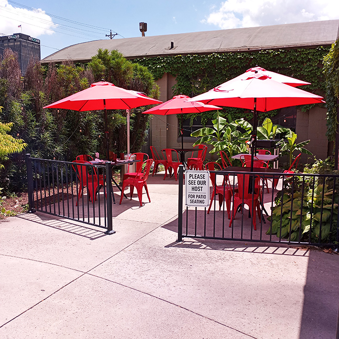 The outdoor patio, with its cheerful red umbrellas, offers a sunny spot to savor your pierogies while people-watching.