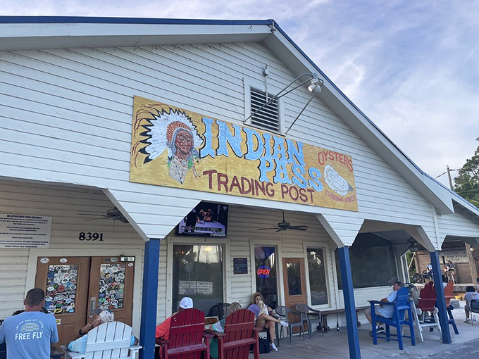 The front porch seating area—where patient seafood lovers wait their turn while enjoying Florida's perfect weather and good company.